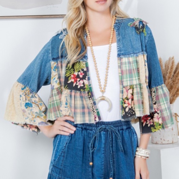 Jackets & Coats | Western Floral Plaid Print Star Patch Denim Frayed ...